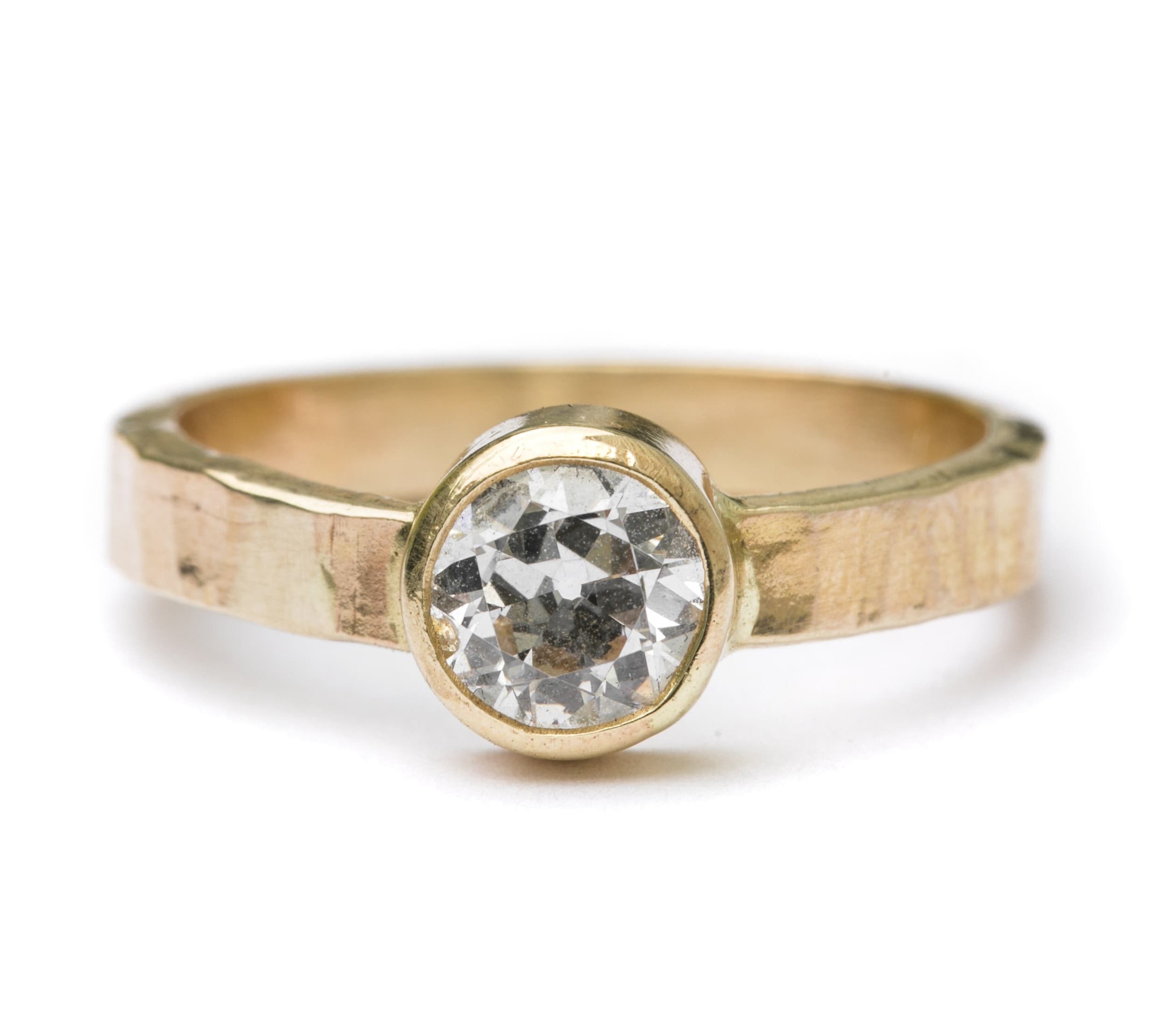 Corina Old Mine Cut Diamond Bezel Setting Hammered Wide Band Engagement Ring | MTD