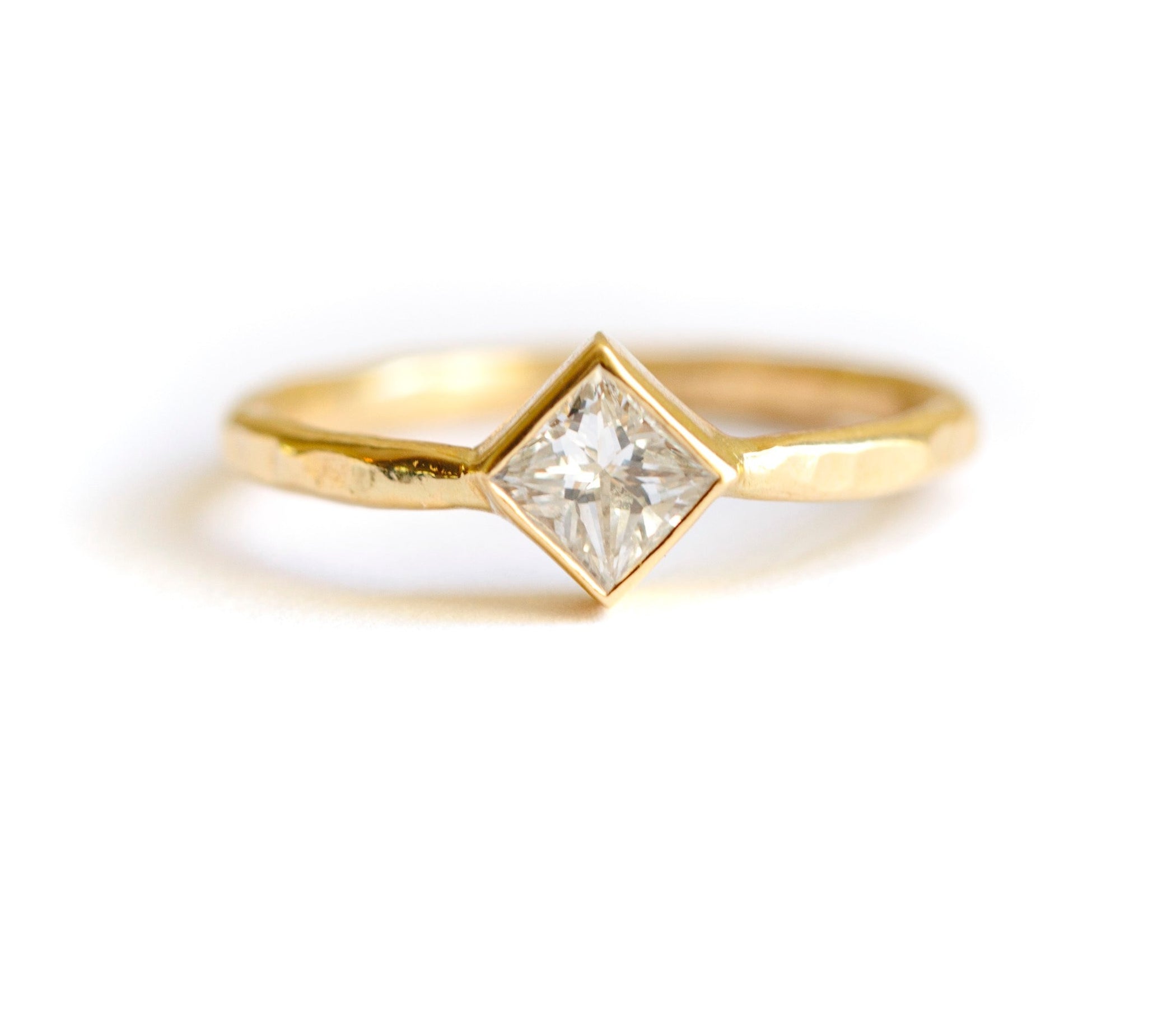 Princess Cut Diamond Bezel Set Engagement Ring Hammered 14k Gold – MTD